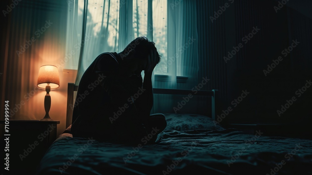 Lonely man silhouette sitting on the bed feeling depressed and stressed ...