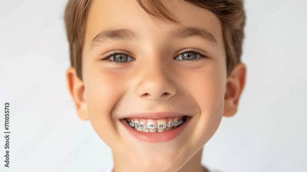 little smiling boy with metal braces on her teeth, bite correction ...