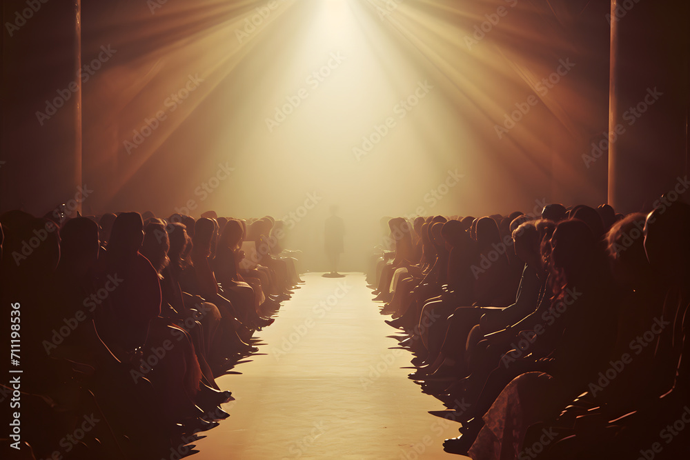 runway catwalk in the middle of the audience people. spotlight ...