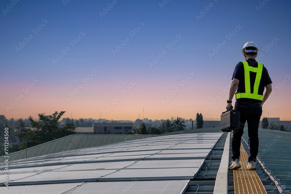 Foto de Stock Inspector examination of photovoltaic modules using a ...