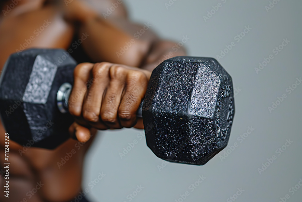 Side view of a serious Strong shirtless male Bodybuilder lifting heavy ...