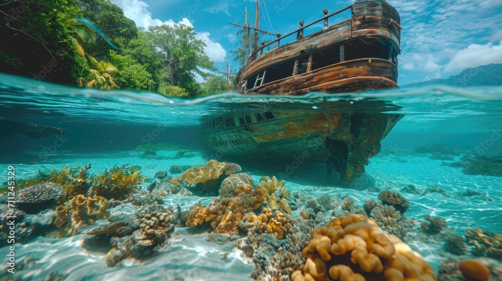 Sunken pirate ship near a beach with visible treasure through the clear ...