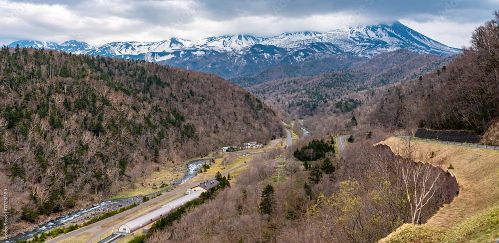 Iwaobetsu Onsen hot spring area in springtime. Town Shari, Shiretoko ...