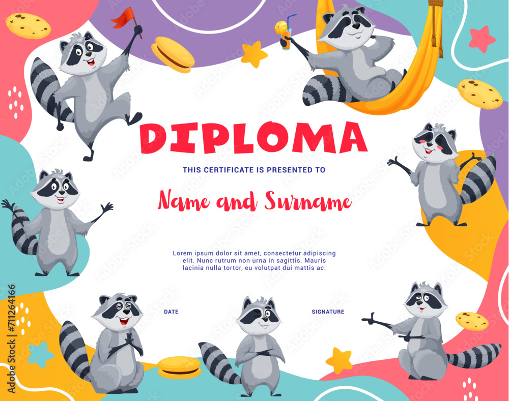 Kids diploma. Cartoon funny raccoon characters vector background frame ...