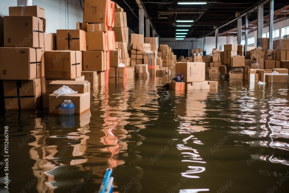 Flooded Warehouse Filled With Boxes and Boxes, Devastating Water Damage ...