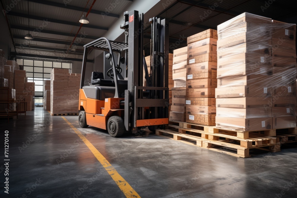 Foto de Stock A forklift efficiently moves pallets in a well-organized ...