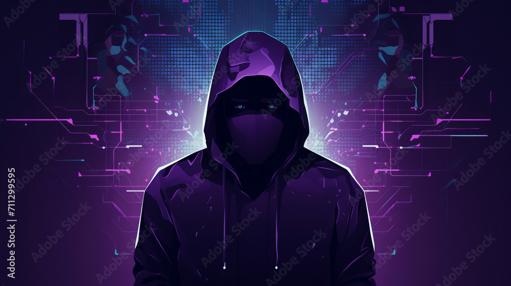 Mysterious anonymous hacker concealed by hood stands against backdrop ...