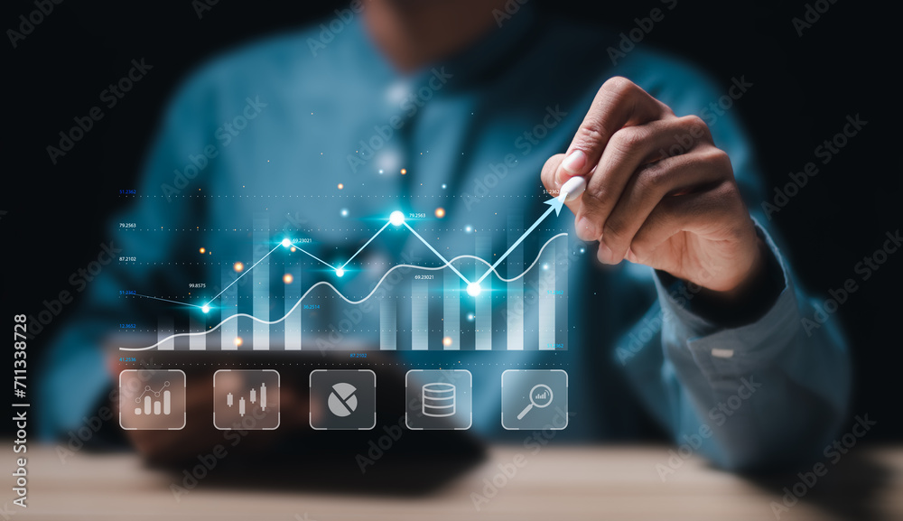 Data analysis concept. Businessman touch virtual screen of business ...
