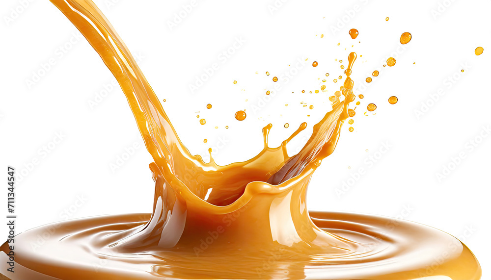 Caramel drop splash , falling orange juice, isolated on a transparent ...
