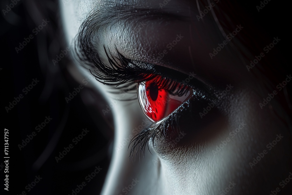 Woman's red eye in the dark. Piercing eyes. Burning demonic eyes. Copy ...