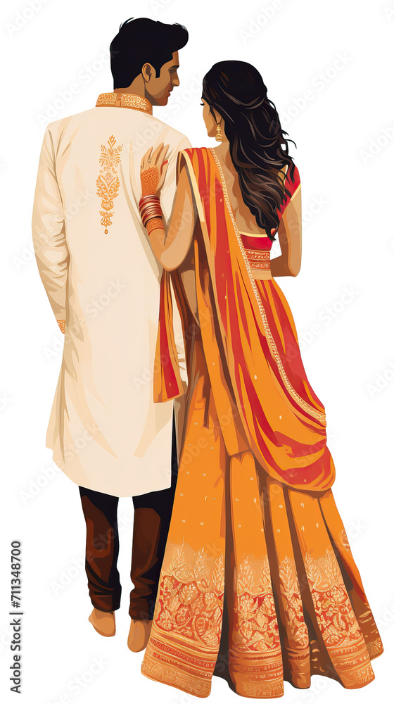 illustration of a Indian wedding bride & groom back view isolated on ...