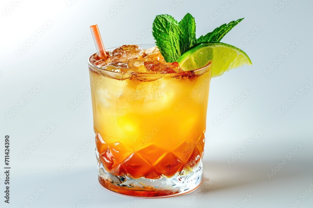 Mai Tai popular alcoholic cocktail with syrup, lime juice, mint and crushed ice. Clean ...
