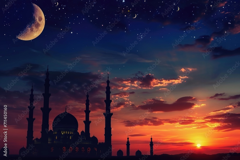 Mosque sunset sky moon holy night islamic night and silhouette mosque ...