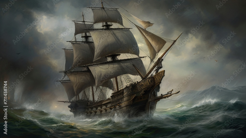 An intricately depicted pirate ship navigating through a raging storm ...