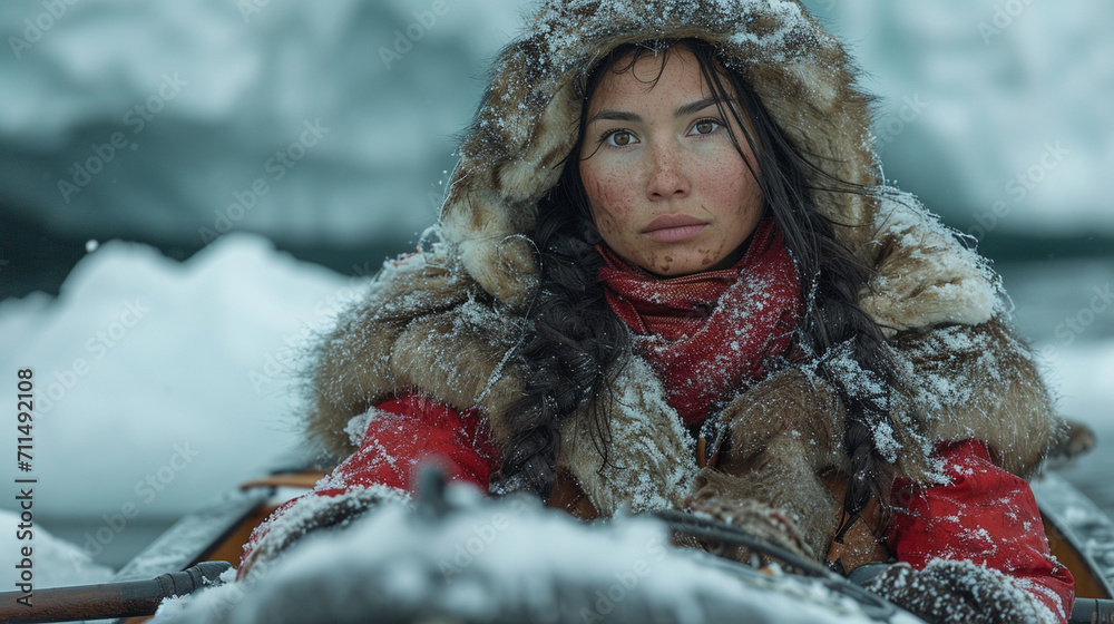 An Inuit woman dressed in warm traditional attire, kayaking through icy ...