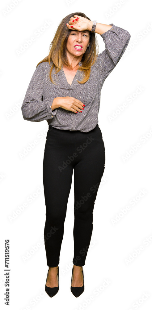 Beautiful middle age business woman Touching forehead for illness and ...