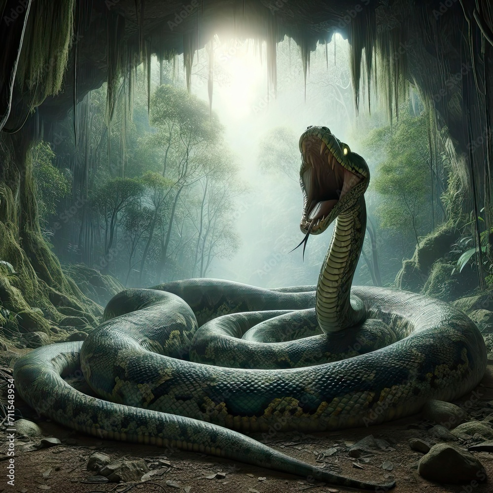 Big Dangerous Green Anaconda Python Snake with Big open mouth teeth ...