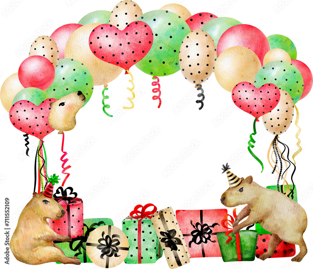 Capybara PNG frame air balloons clipart Birthday digital border with ...