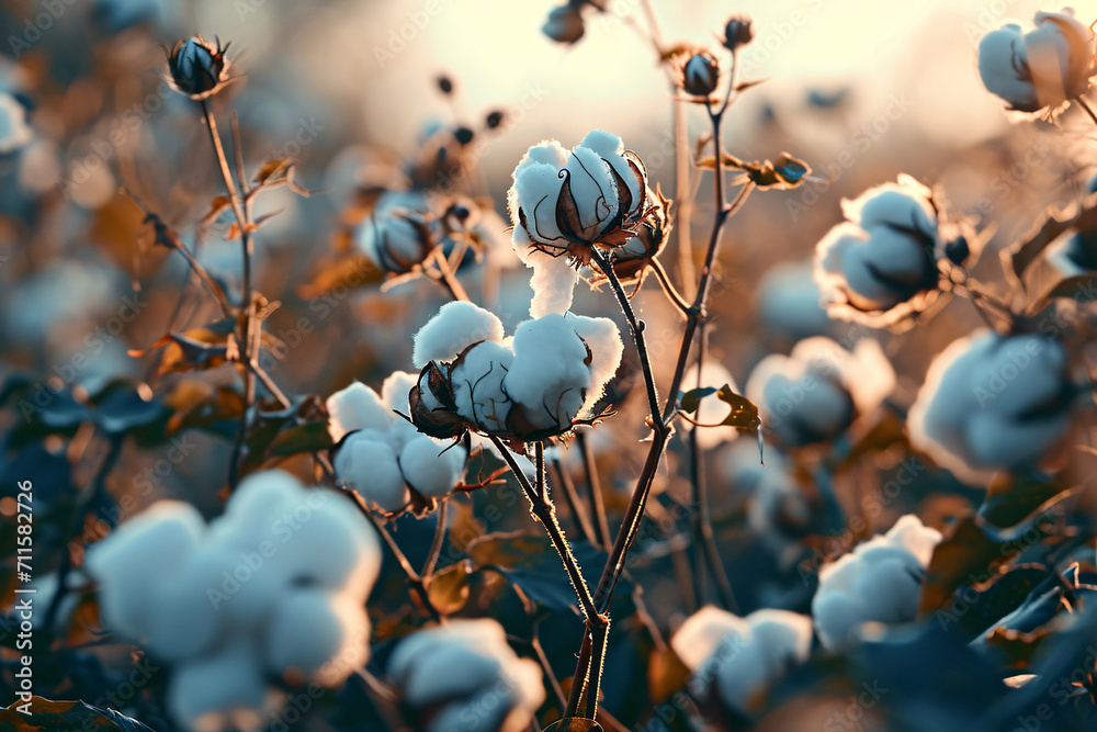 Cotton farm during harvest season. Field of cotton plants with white ...