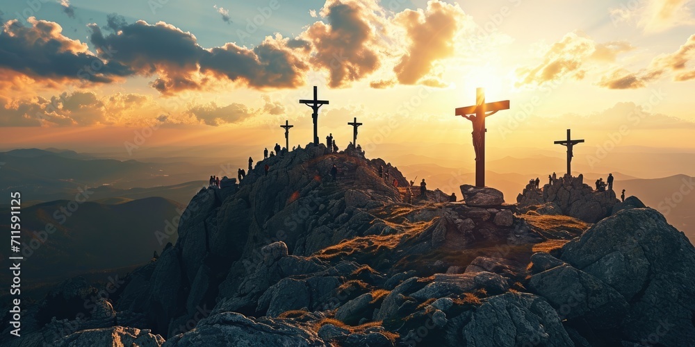 Sunset Silhouette Depicting the Crucifixion of Jesus, Alongside the ...