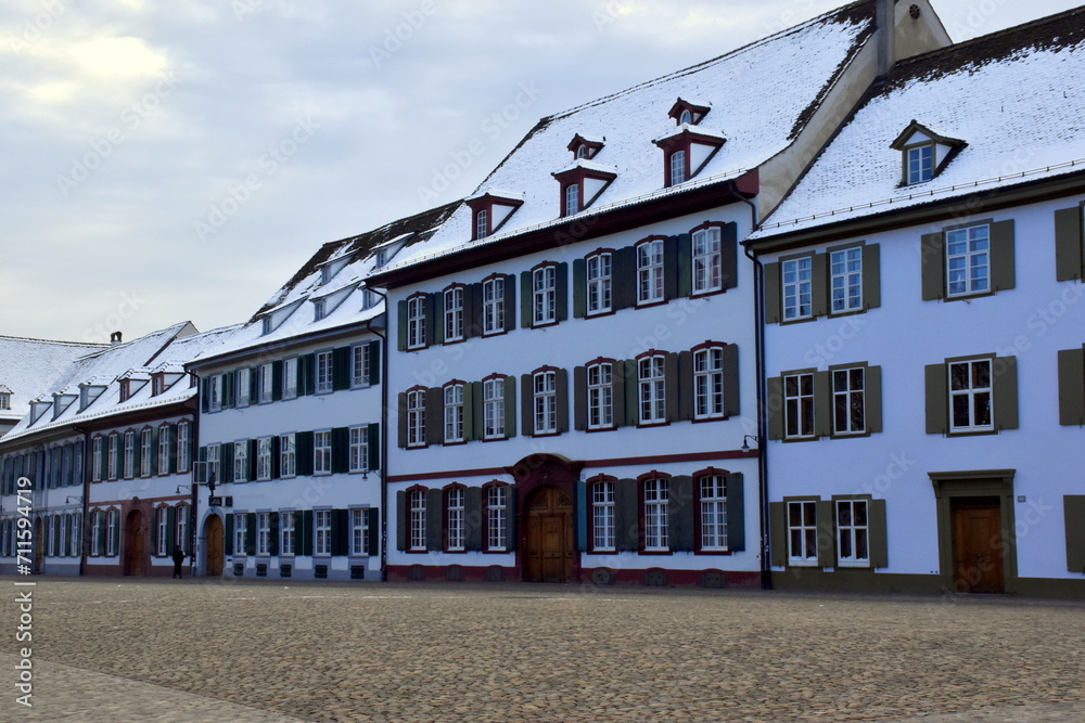 Häuser auf dem Münsterplatz in Basel im Winter Stock Photo | Adobe Stock