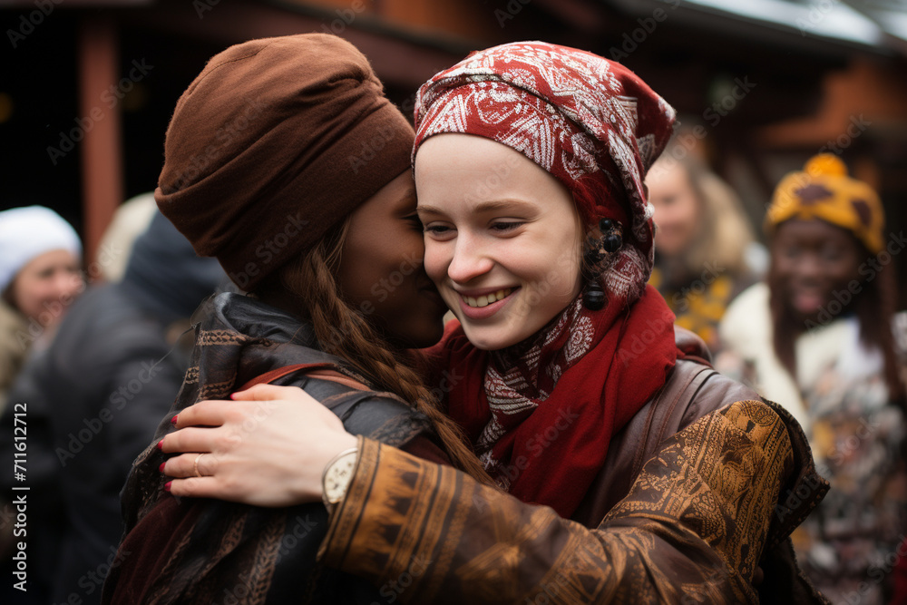 Cultural exchange: People in traditional garments exchanging greetings ...