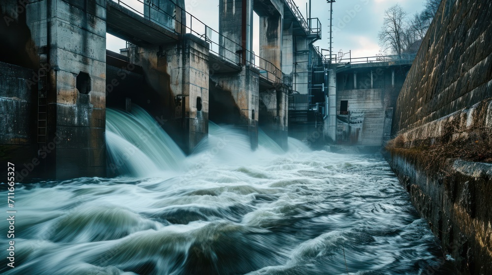 hydroelectric dam, water discharge through locks, river, power, energy ...