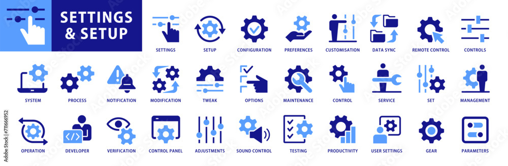Setup and Settings, vector icon set. Management, Options, Configuration, Controls, Customization ...