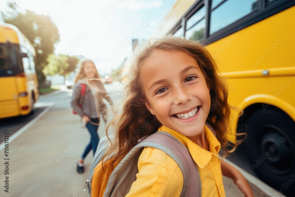 Photograph of Smiling elementary student girl smiling and ready to board school bus. wide angle ...