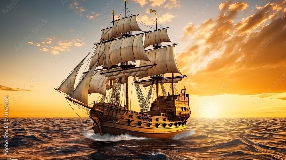 Small sailing ship in the open sea at sunset. Step aboard a 17th ...