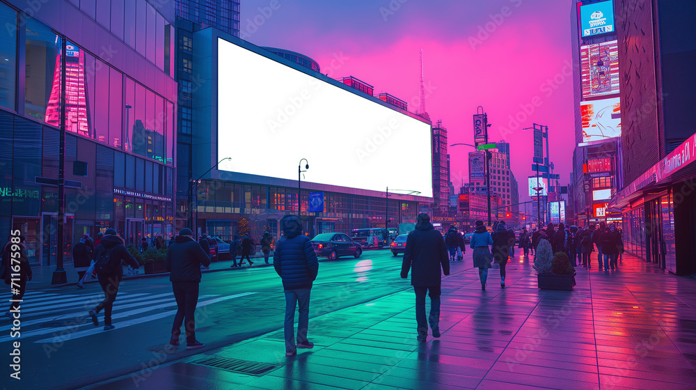 Urban street scene at dusk with large billboards featuring blank screen ...