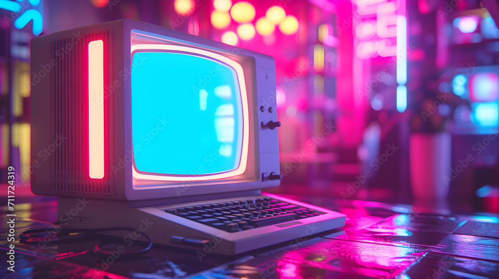 A vintage computer with a CRT monitor and neon color lights ...