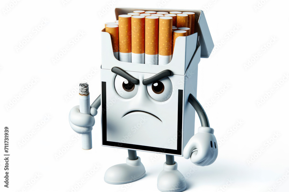 3d a pack of cigarettes character with a angry face on a white ...