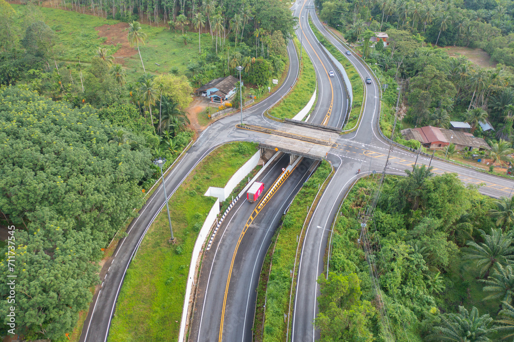 Aerial view of cars driving on highway or moterway. Overpass bridge ...