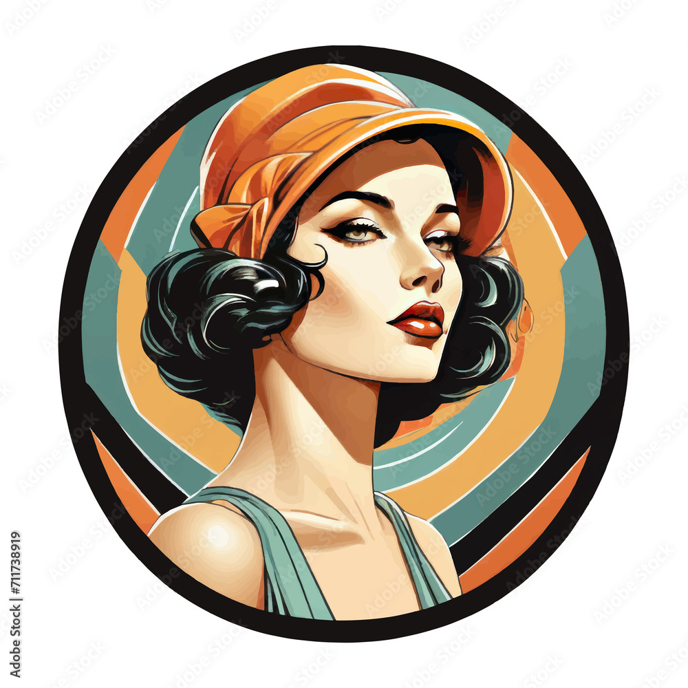 Art Deco graphic design with a female character in a lively comic ...