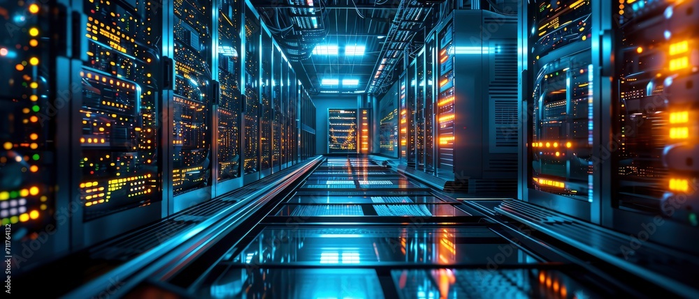 Envision a visually captivating server room, Rows of high-tech servers ...