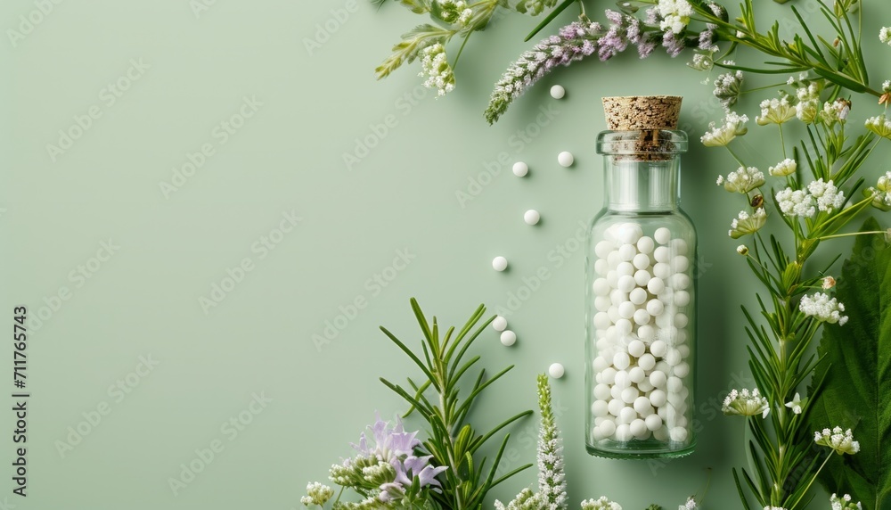 banner showing homeopathic beads in a glass bottle on a light green ...