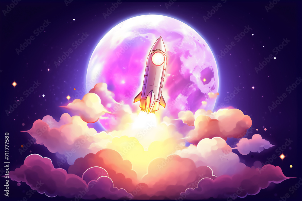 Fantastic Cartoon Pink Spaceship Flies in Outer Space. Concept for ...