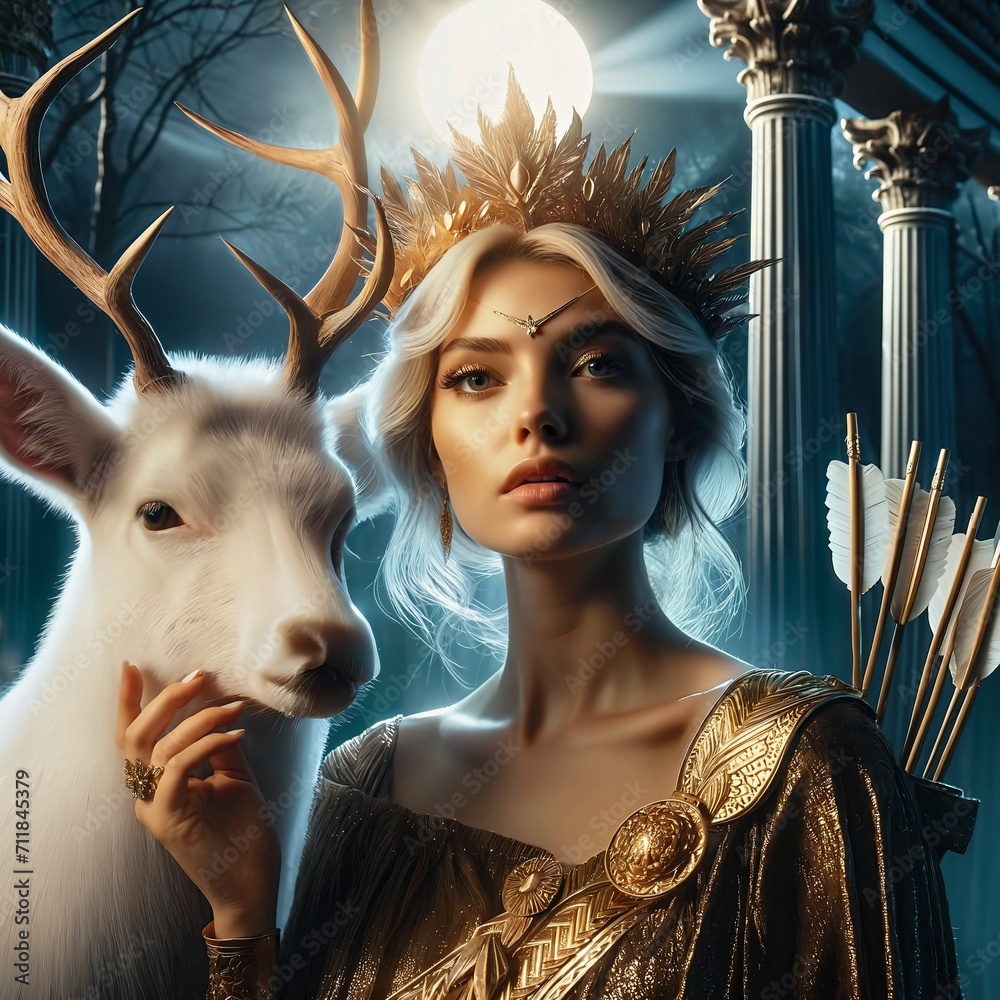 Artemis or Diana Greek goddess of hunt, wilderness, nature, vegetation and childbirth. White ...