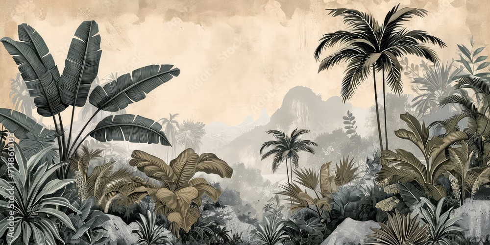 Old retro wallpaper of a lush jungle landscape. Stock Illustration ...