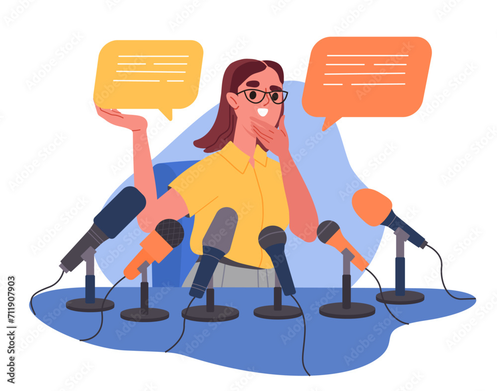 Girl gives interview concept. Woman sitting with microphones and answer ...