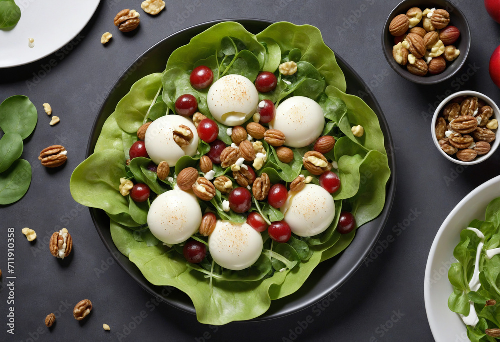 Mixed green salad with apple slices, spinach leaves, mini mozzarella ...