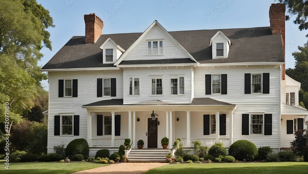early 20th century white clapboard center entry colonial mansion with ...