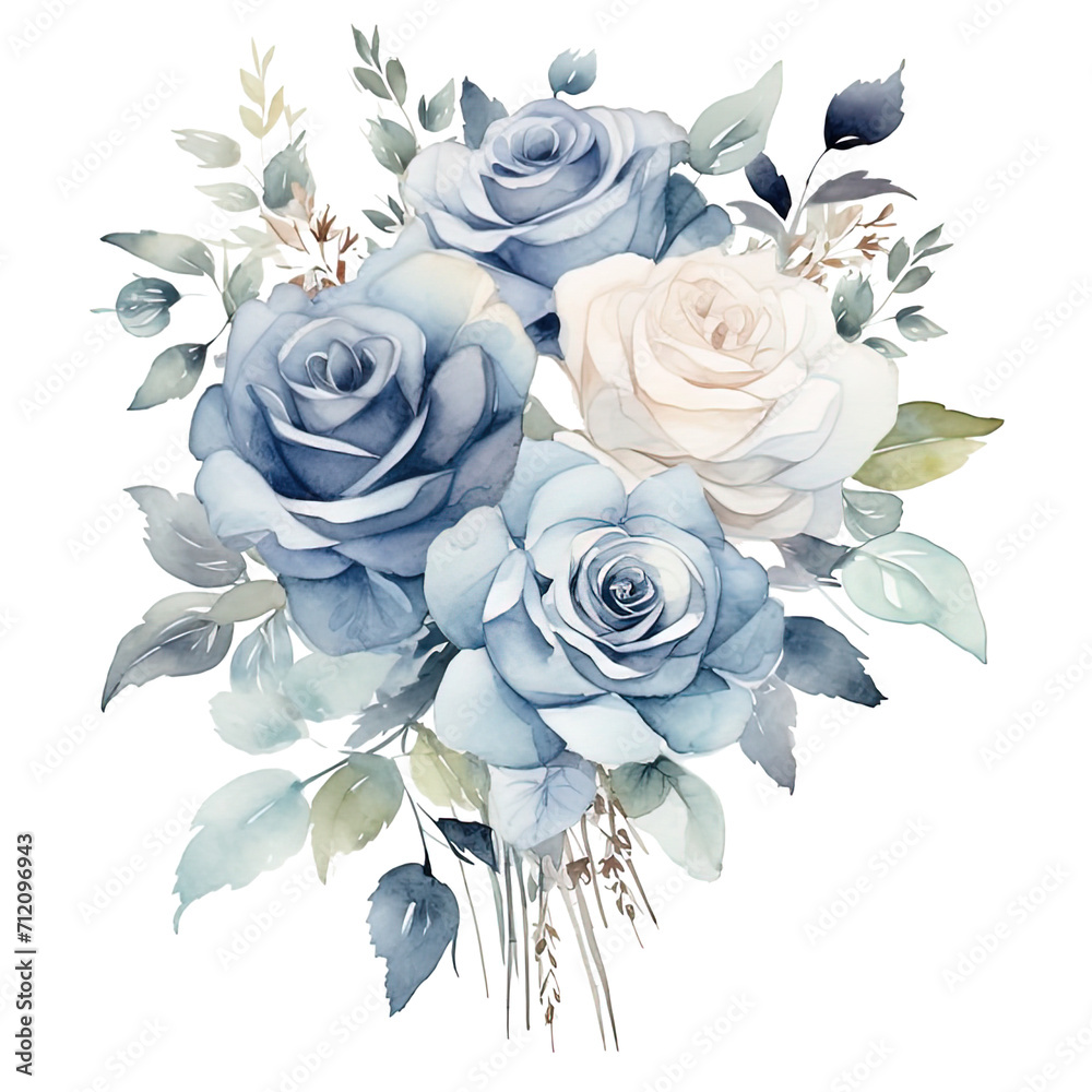 Watercolor Dusty Blue Flowers Clipart. Blue Roses PNG, Floral Bouquets ...