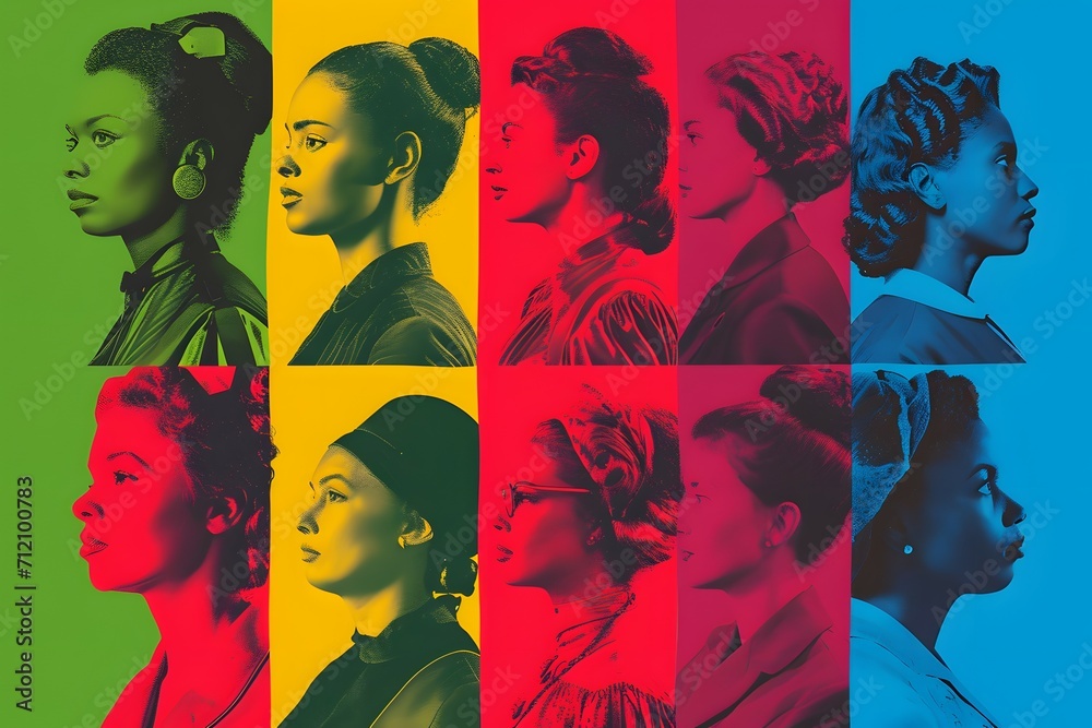 A vibrant pop art collage of iconic female portraits, celebrating ...