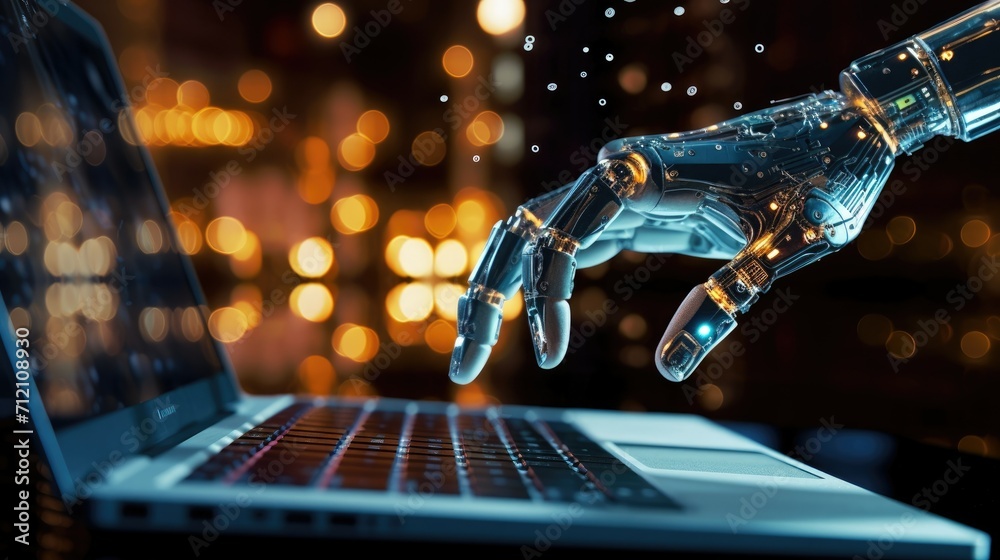Cyborg robot hand want to type keyboard on a laptop. The concept of artificial intelligence ...