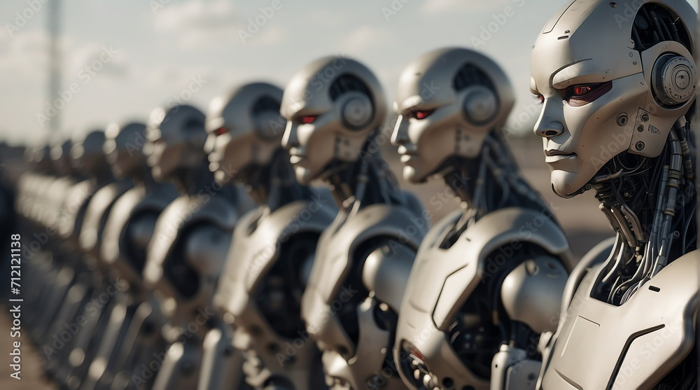 Row of army humanoid robots with weapons on a military base from ...