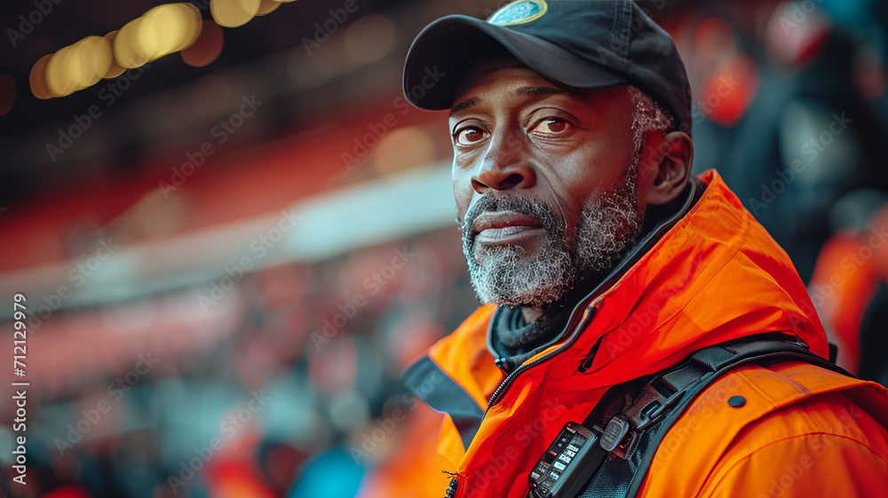 Security man with team security background. Security focus in football ...
