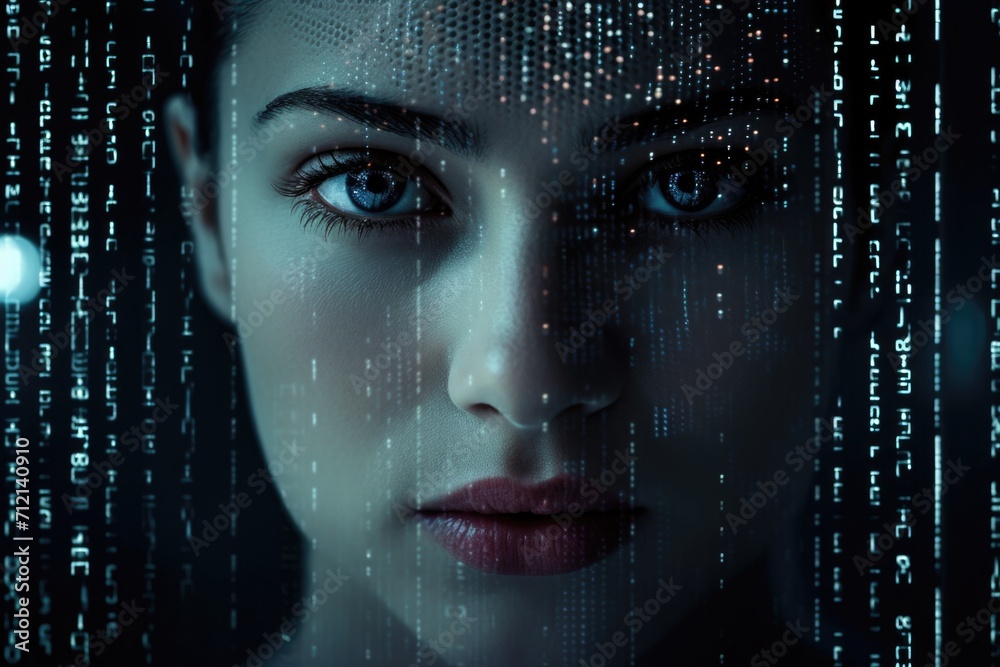 Female face with matrix digital numbers AI theme Stock Illustration ...
