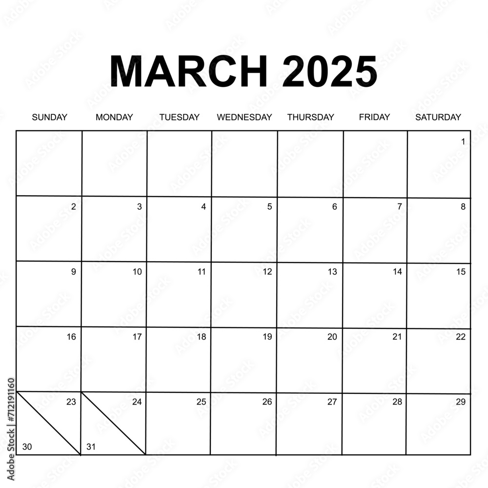 march 2025. Monthly calendar or planner design. week starts on Sunday ...